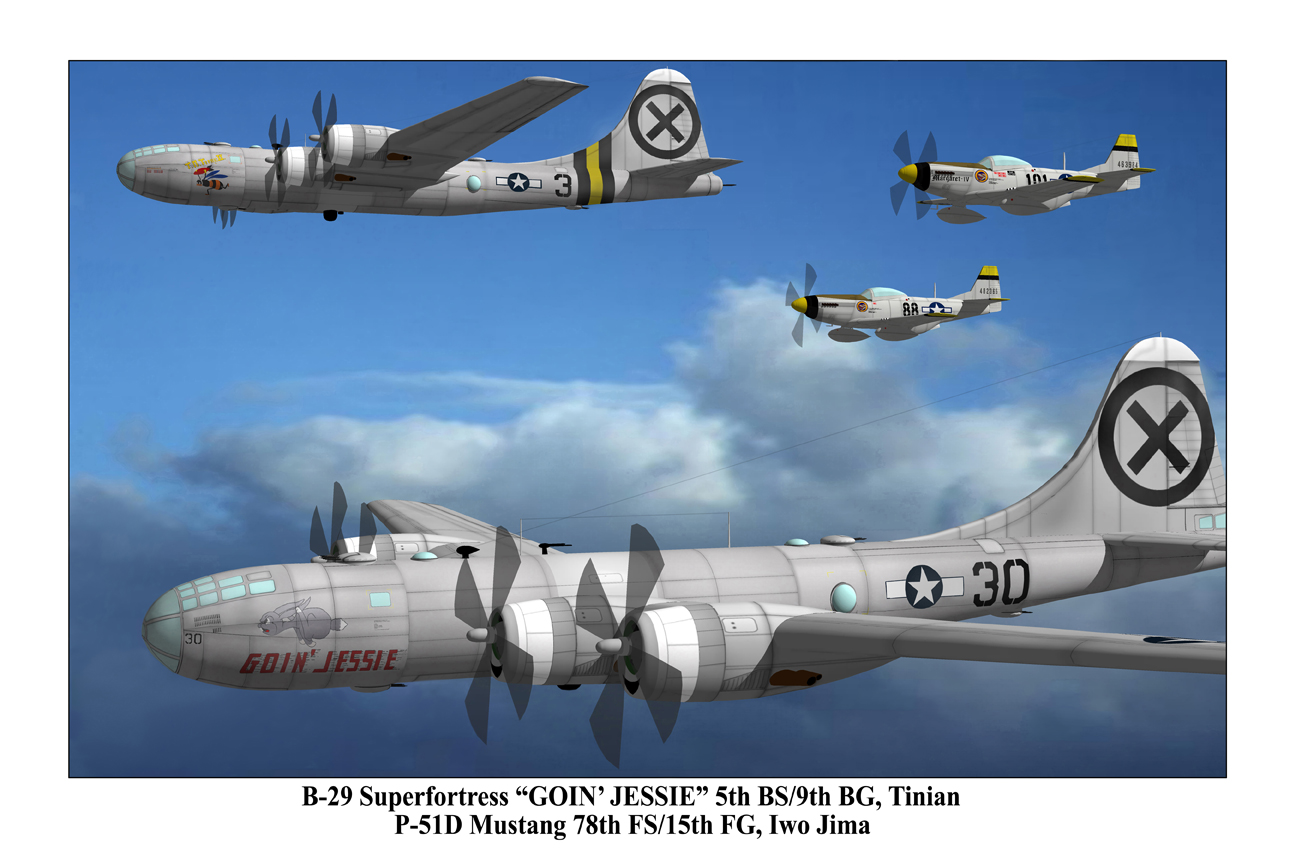 B-29 Superfortress "Goin' Jessie" and VLR (Very Long Range) P-51 Mustangs